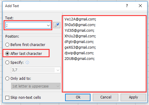 How to add semicolon to each cell in Excel?