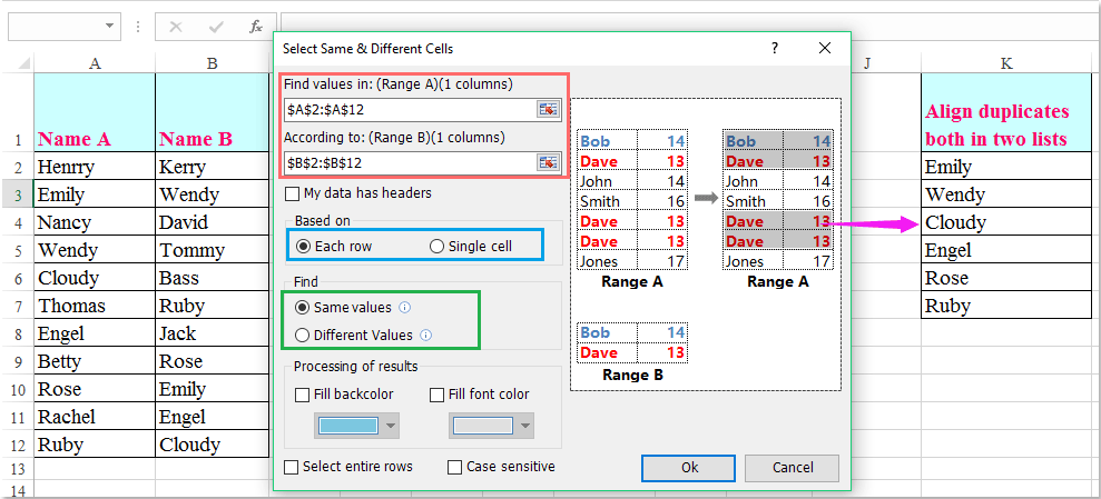How To Align Duplicates Or Matching Values In Two Columns In Excel 