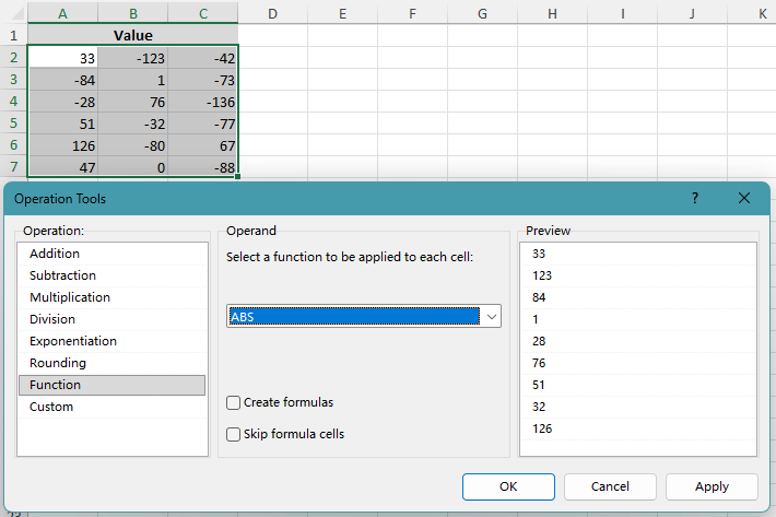 How to apply a function directly to existing cell values in Excel
