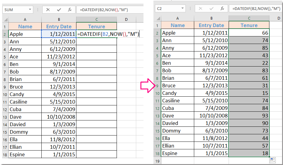 How To Calculate The Employee Tenure In Months Or Years In Excel 