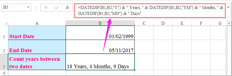How To Count Calculate Weeks Months Years Between Two Dates In Excel 