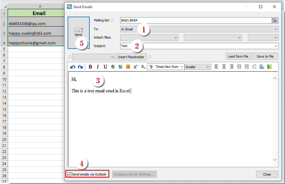 How to send email to email addresses specified in cells in Excel?