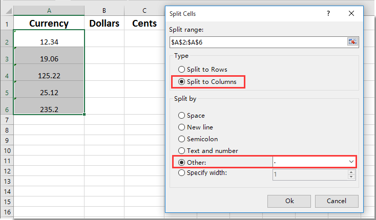 How to separate dollars and cents into two columns in Excel?