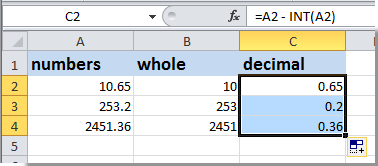 How to separate whole number (integer) from decimal in Excel?