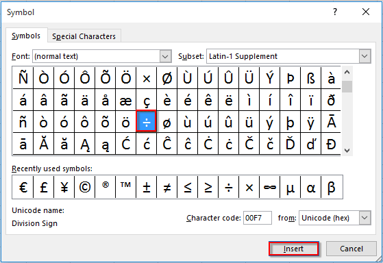 Excel Divide Symbol