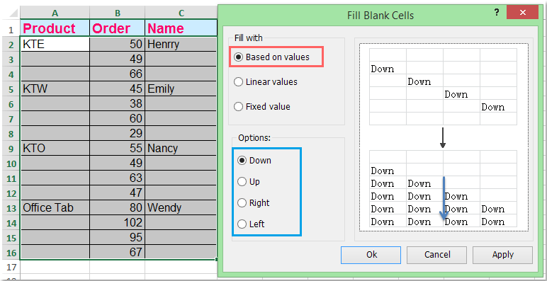 How To Fill Blank Cells With Value Above Below Left Right In Excel 