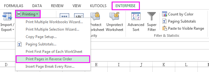 How to print pages in reverse order of a worksheet?