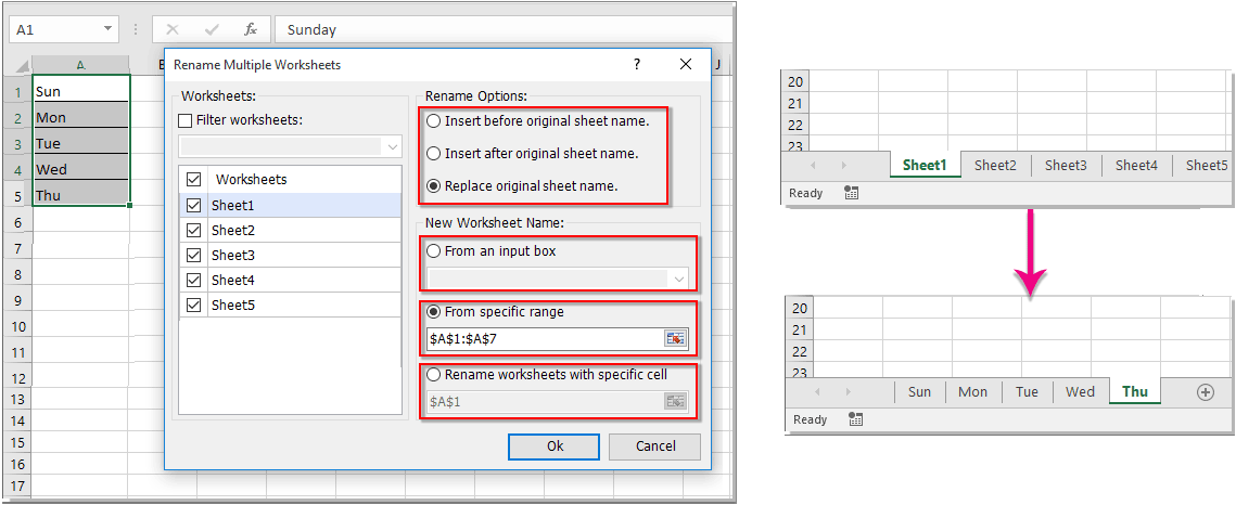 How to rename multiple worksheets in Excel?