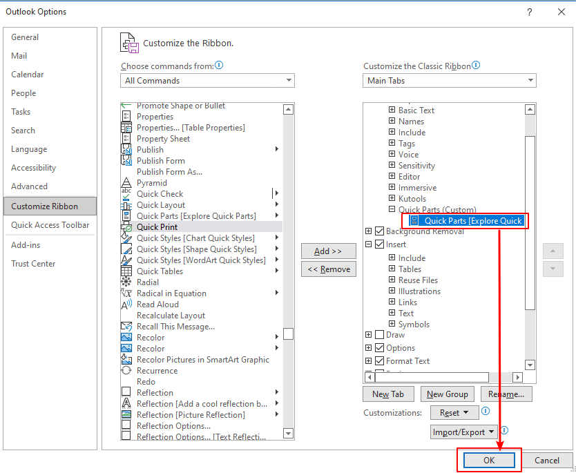 How To Add Quick Parts To Outlook Ribbon 
