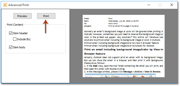 How to remove username from top header when printing emails in Outlook?