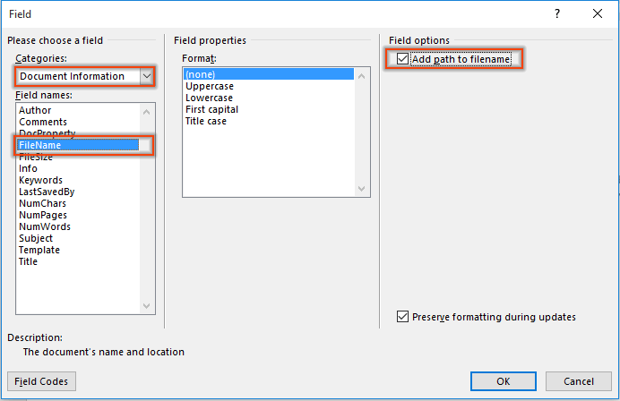 How To Insert File Path And Name Into Documents Footer Or Header In 