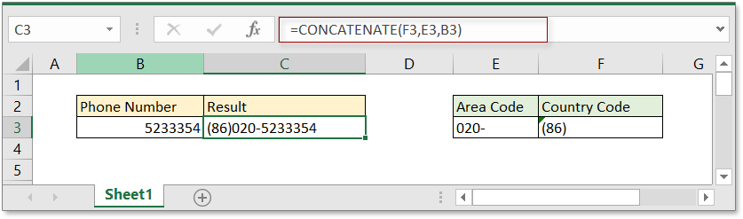 Excel Formula Add Country Code Or Area Code To Phone Number