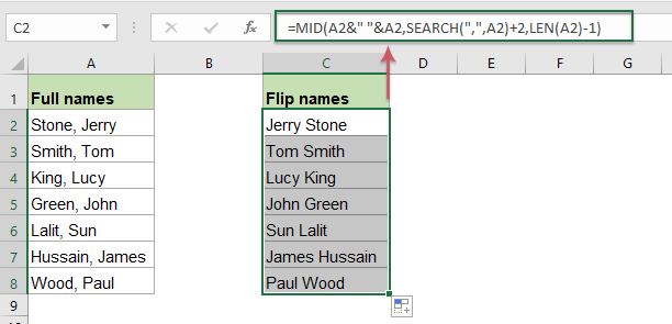Flip Or Reverse first And last names In Excel List