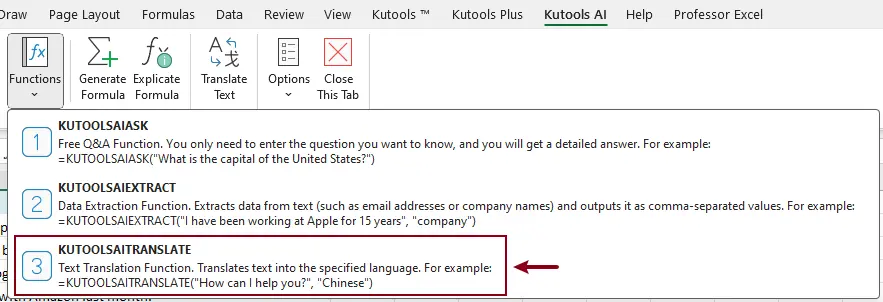 Kutools AI functions: Bring AI intelligence into Excel formulas