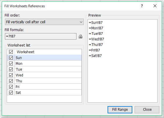 Quickly fill cell references from multiple worksheets in Excel