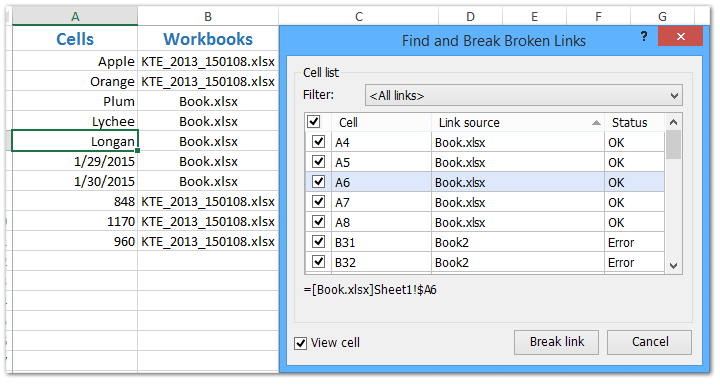 Quickly find and break broken links (external references) in Excel