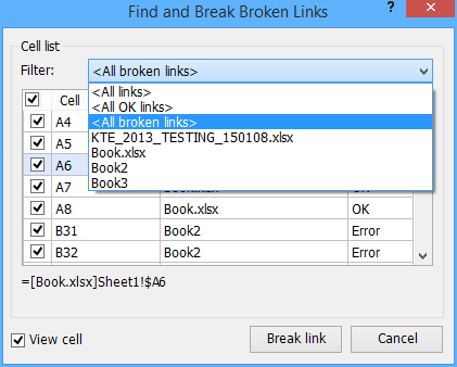 Quickly find and break broken links (external references) in Excel