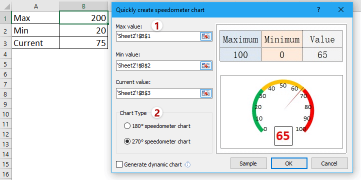 Quickly create a speedometer chart in Excel