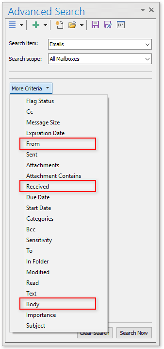 Advanced search email and save custom search in Outlook