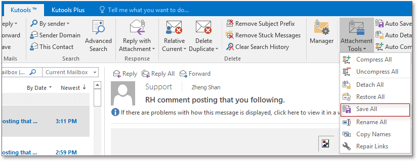 Quickly save all attachments from multiple or all emails in Outlook