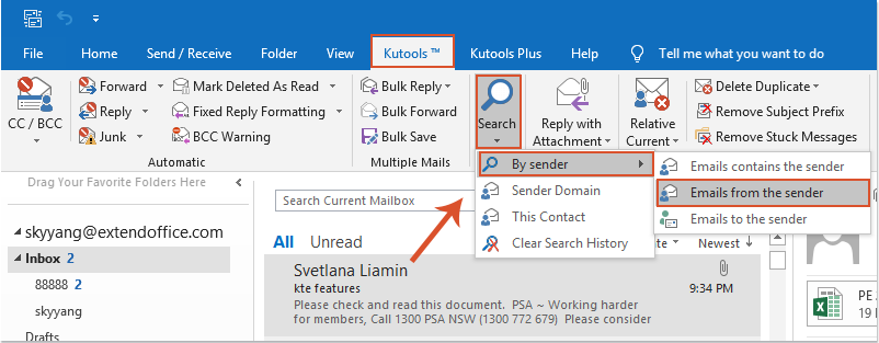 Quickly search or find all emails from a specific person in Outlook