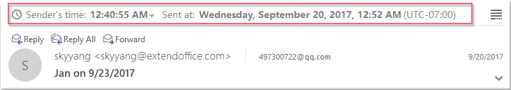Display the sent time and current time of sender’s time zone in Outlook