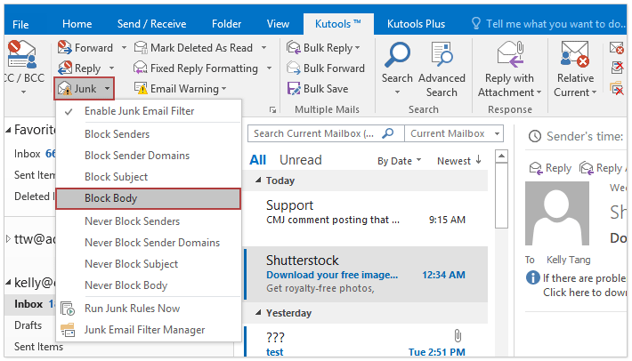 Easily block email by content of message in Outlook