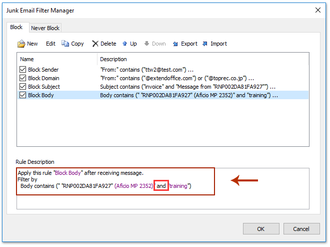 Easily block email by content of message in Outlook