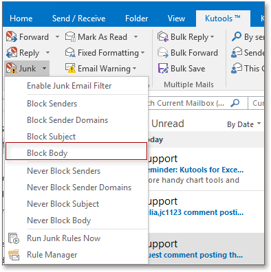 Easily block email by content of message in Outlook