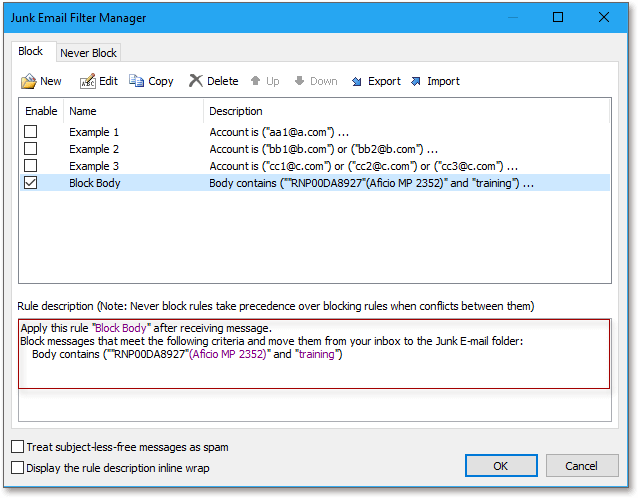 Easily block email by content of message in Outlook