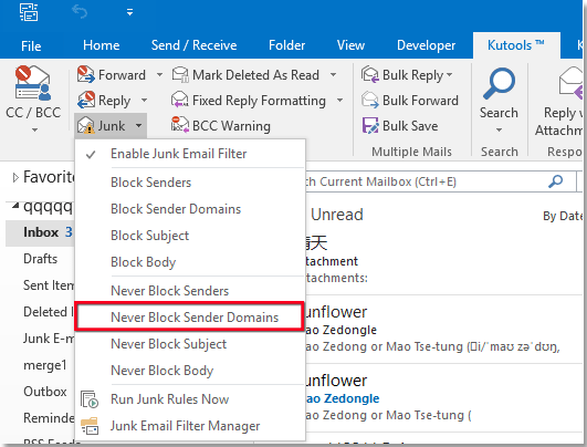 Never block multiple emails by message sender domains in Outlook