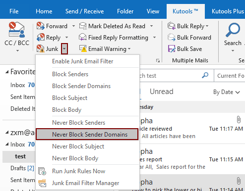 Never block multiple emails by message sender domains in Outlook