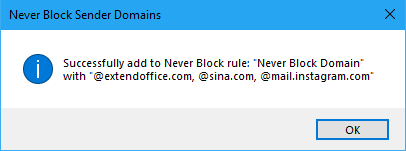 Never block multiple emails by message sender domains in Outlook