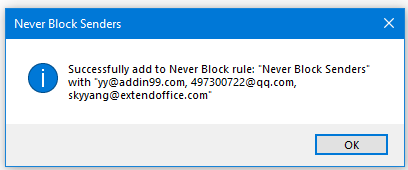 Never block multiple emails by message senders in Outlook