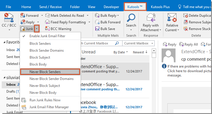 Never block multiple emails by message senders in Outlook