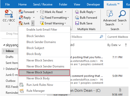 Never block emails by message subject in Outlook