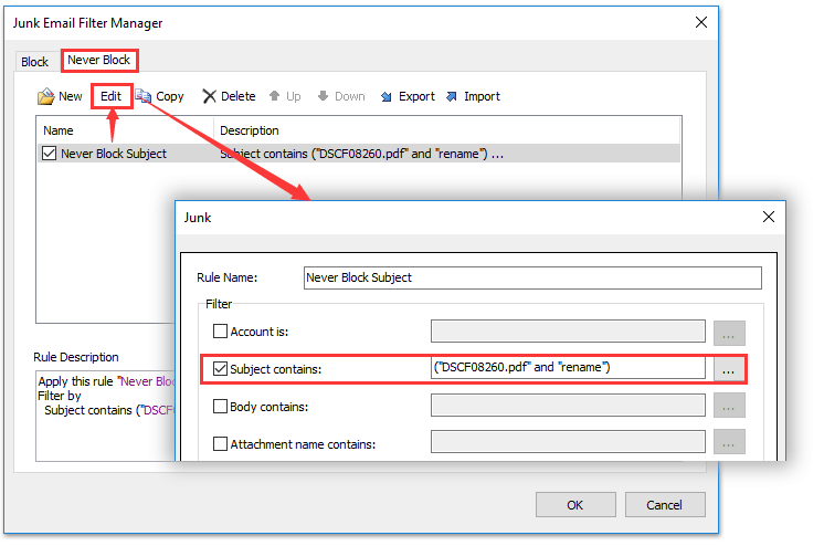 Never block emails by message subject in Outlook