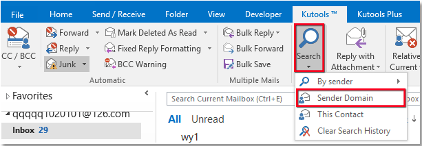 Quickly search all emails by a sender domain in Outlook