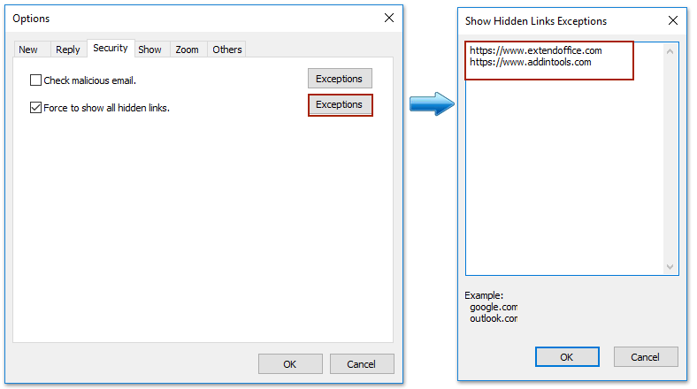 Easily show hidden links in messages in Outlook