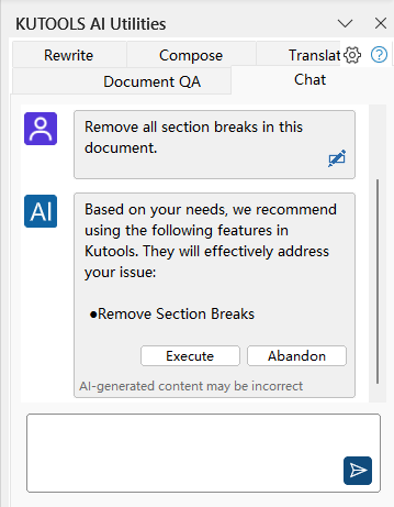 Delete a section break in Word using Kutools AI