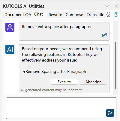 Remove extra space after paragraphs in Word using Kutools AI