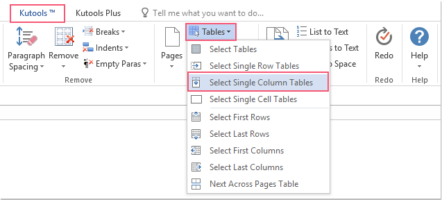 Quickly select all single column tables in Word